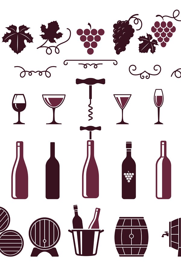 Wine symbols. Grape leaves vine tendrils bottles barrels cor