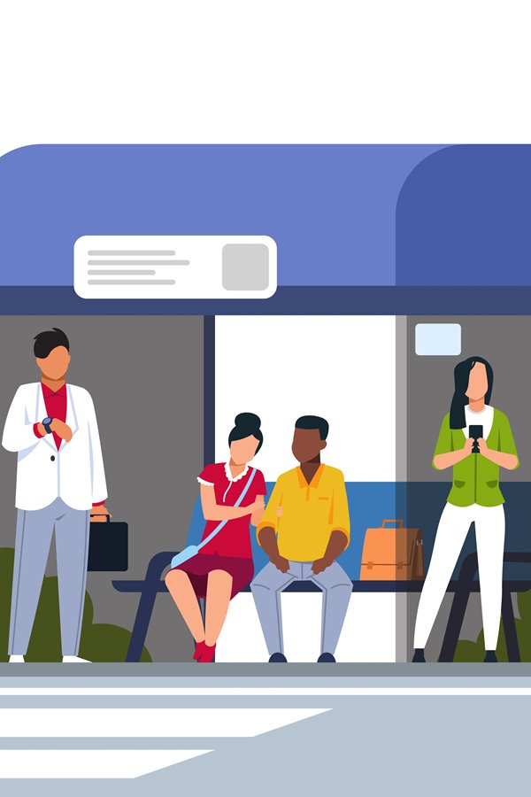 People on bus stop. Cartoon characters in queue waiting for