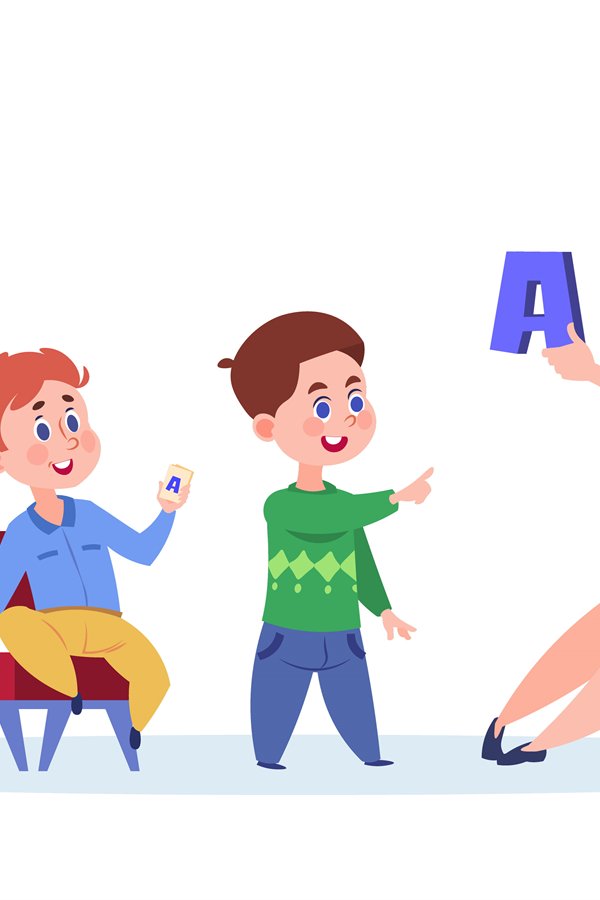 Cartoon kids playing. Children learn read through game. Kind