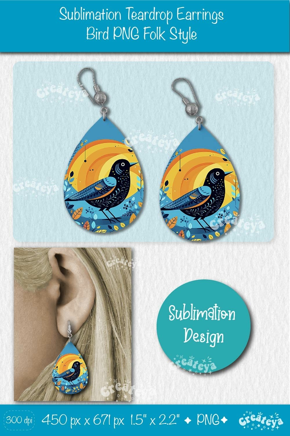 Blue Bird Earrings Sublimation Bird Teardrop (3745869)