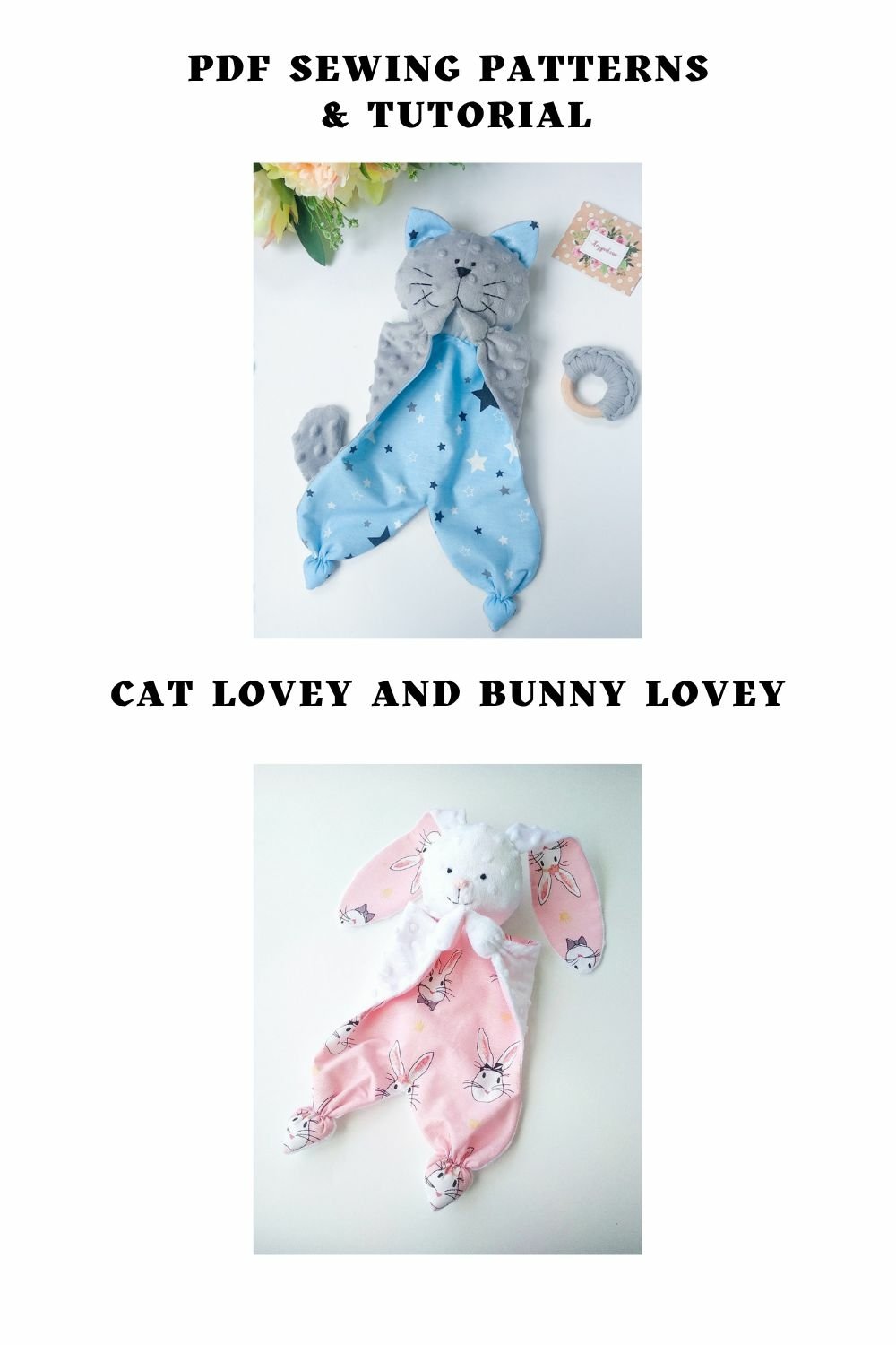 Cat lovey and Bunny lovey PDF set of 2 sewing patterns