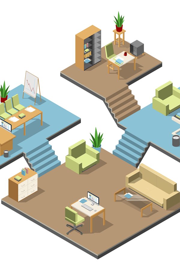 Different isometric modern offices with furniture. Several f