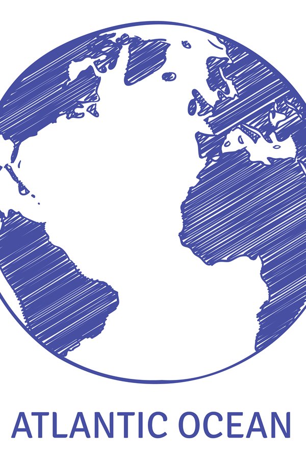 Atlantic ocean sketch. Hand drown globe symbol