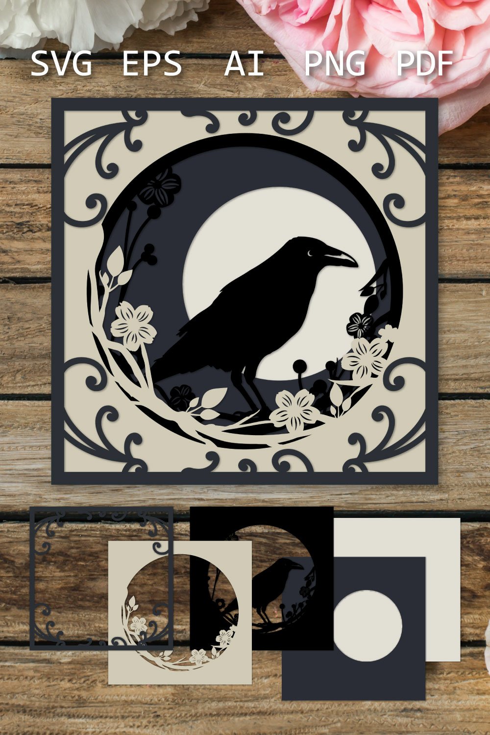 Gothic Layered papercut 3D template, Gothic Shadow Box Raven