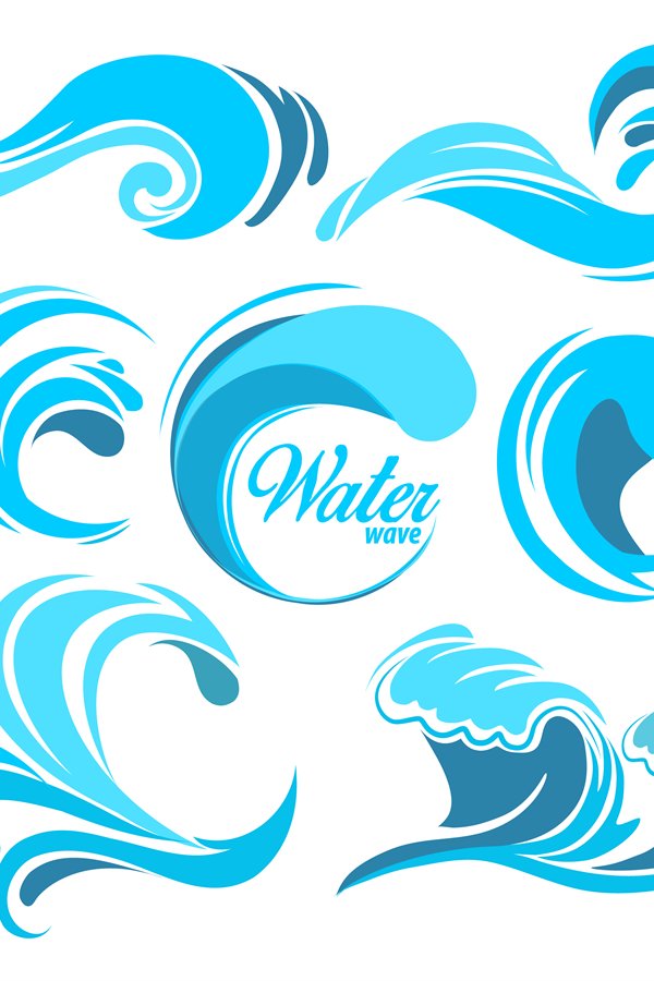 Water splashes and ocean waves. Vector graphic symbols for l