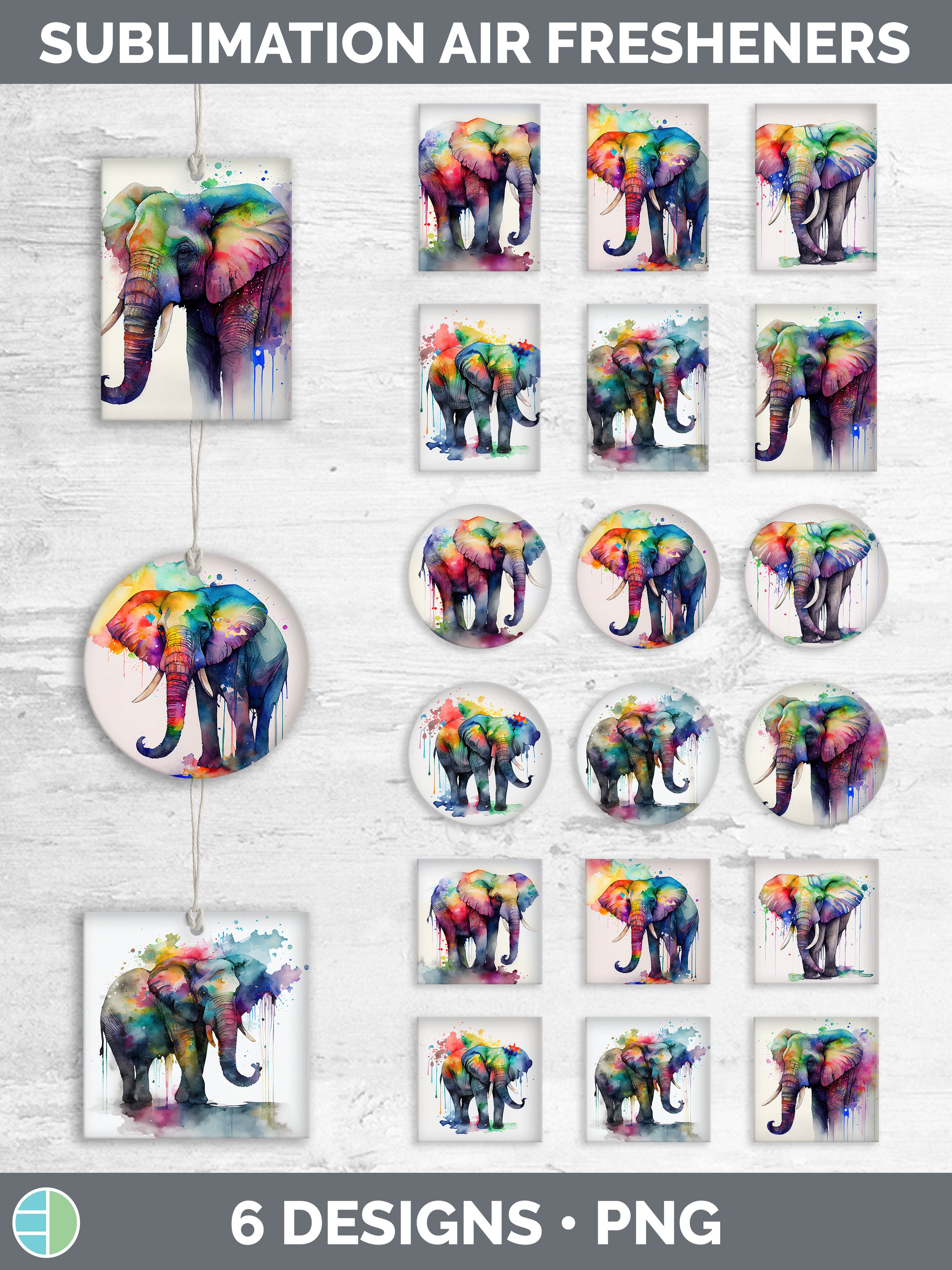 Rainbow Elephant Air Freshener | Sublimation Designs Bundle