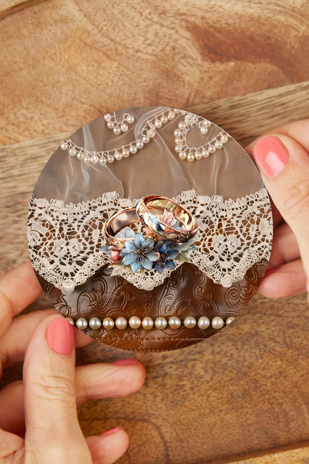 Rustic Lace Pearls & Cow Hide Round Coaster Sublimation PNG