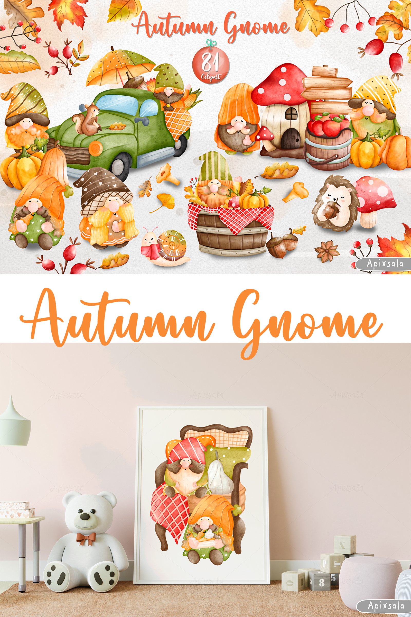Watercolor Autumn Gnome Clipart | Fall Gnome Clipart