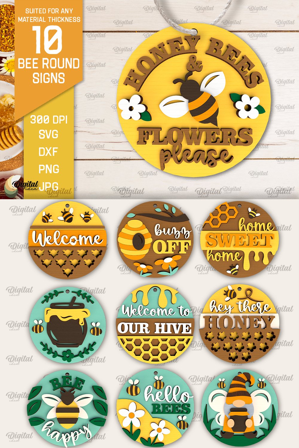 Bee Round Signs Laser Cut Bundle. Honey Bee Designs SVG