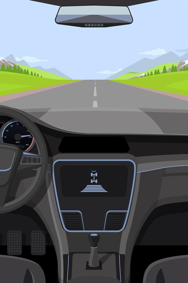 Vehicle salon, inside car driver view with rudder, dashboard