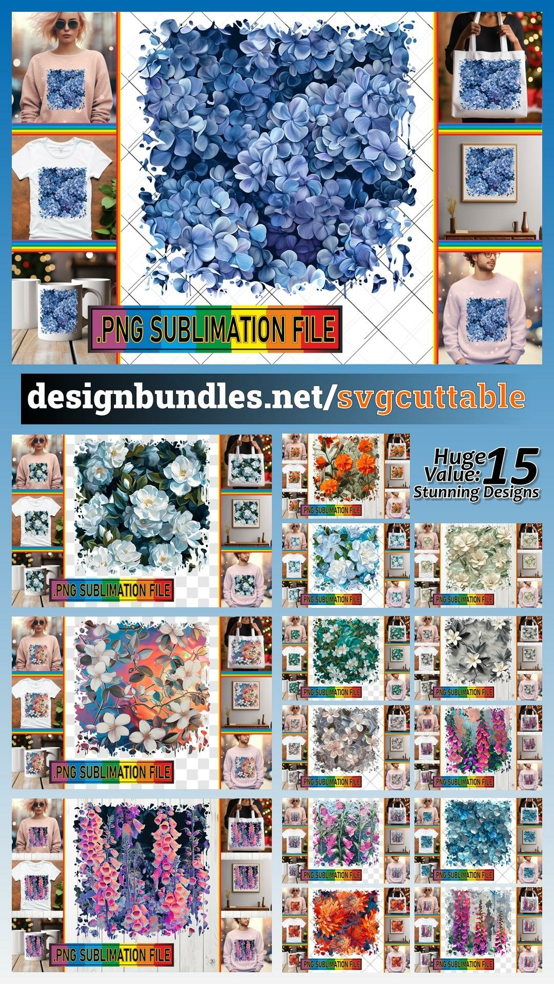 15x Vibrant Spring Print Bloom Flower Bundle Sublimation
