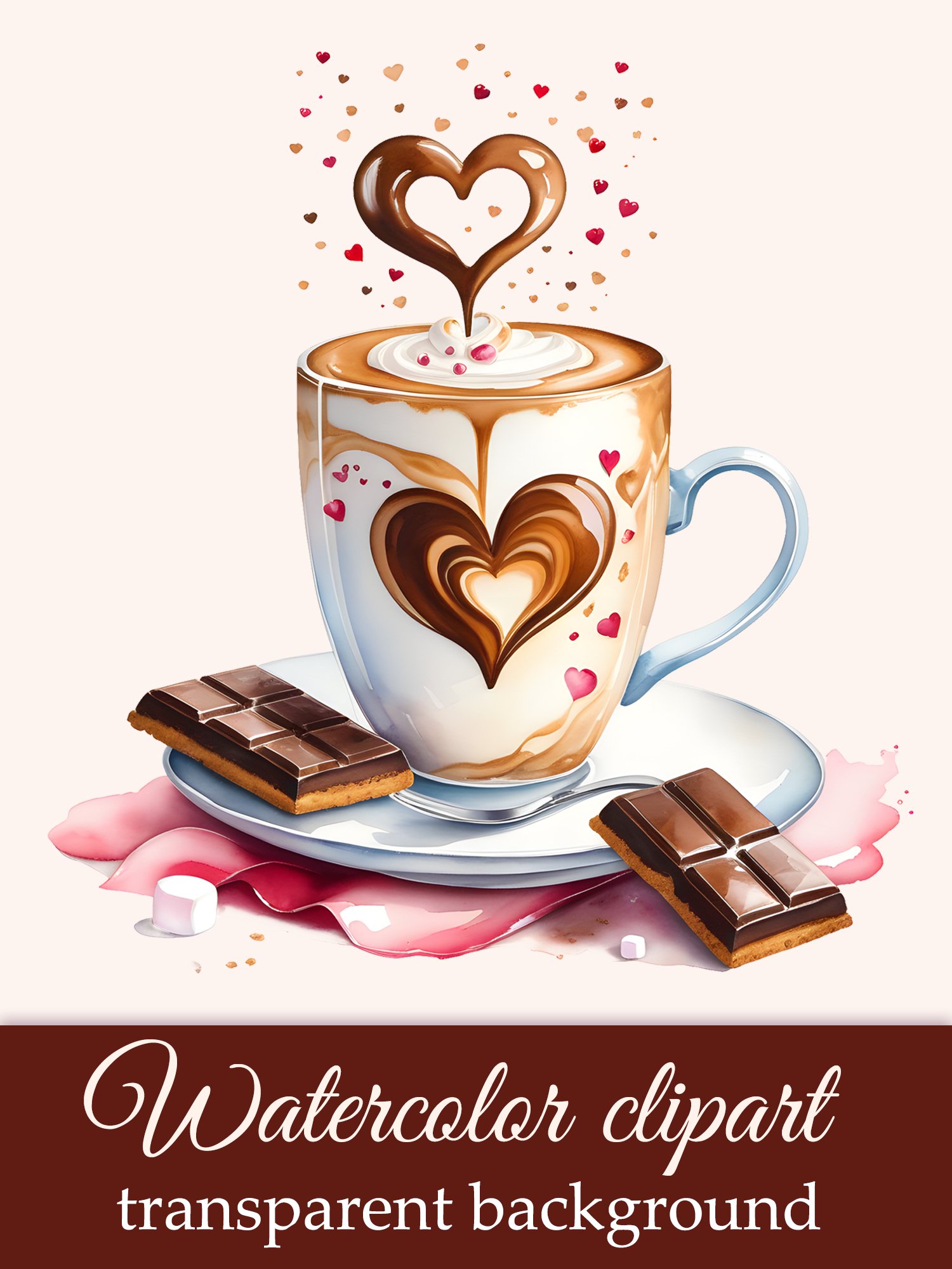 Watercolor coffee cup with hearts and chocolate, clipart Png