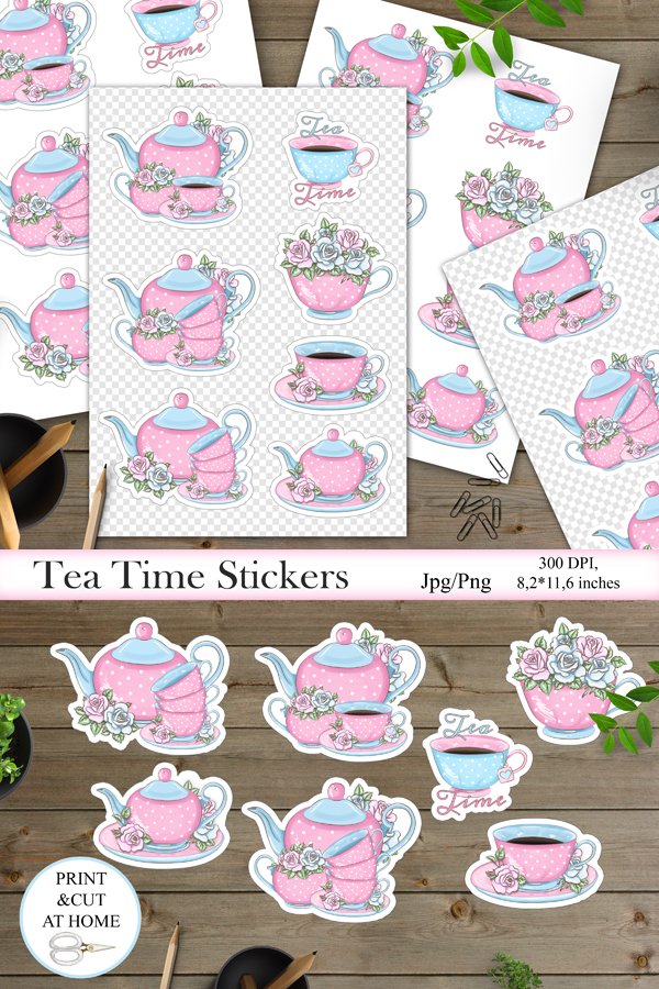 Tea Time Stickers PNG | Printable Stickers Bundle PNG