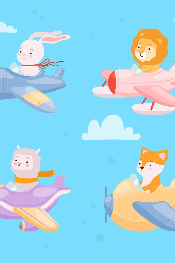 Cartoon airplanes. Kids animals flying in avia transport pla