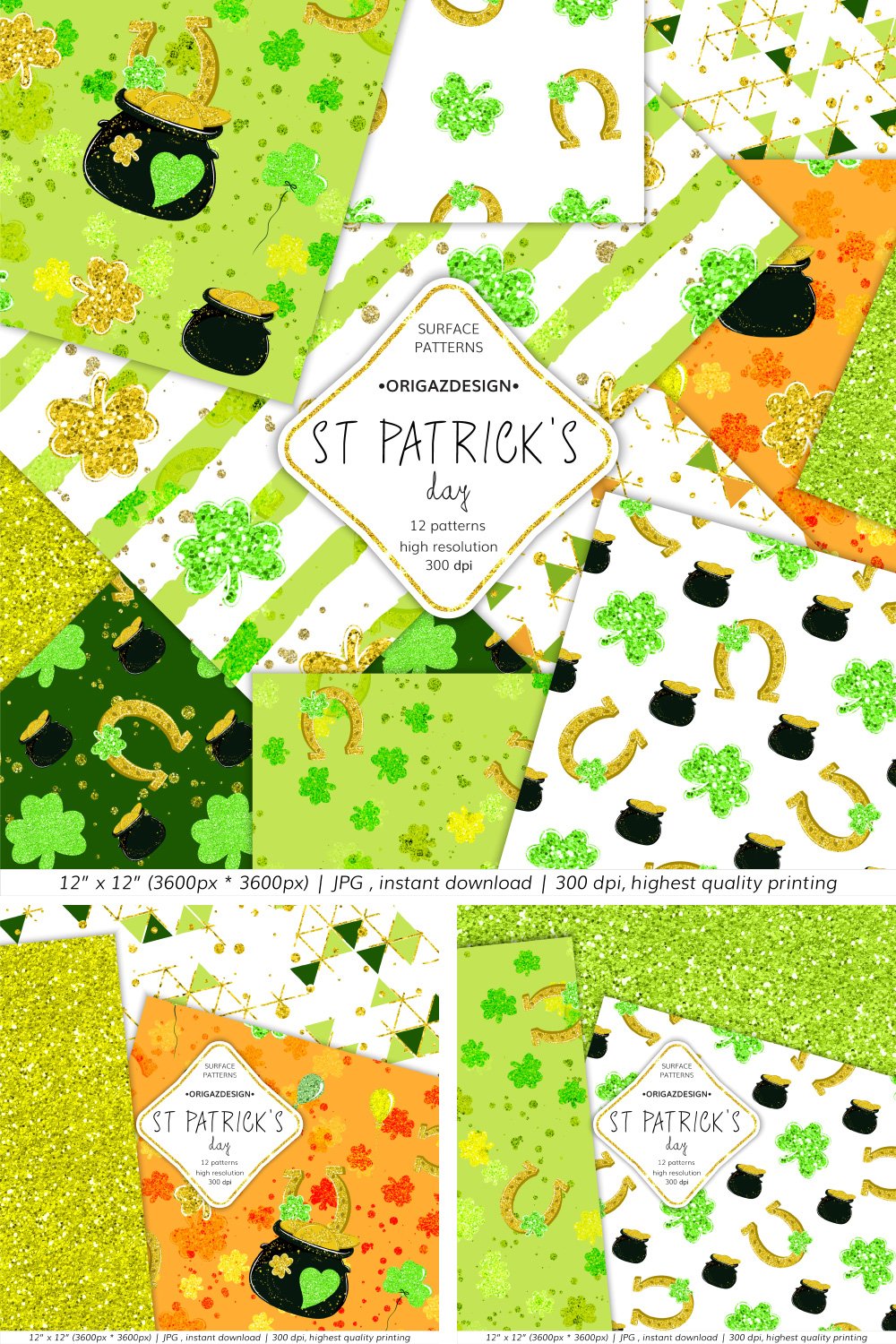 St Patrick's Day Glitter green and gold seamless paper pack