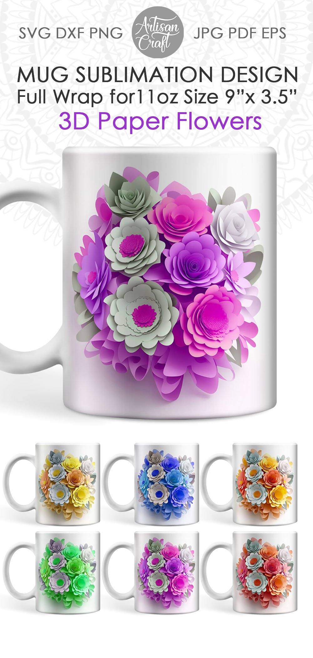 3D Floral mug | 3D paper flowers | 11oz mug template