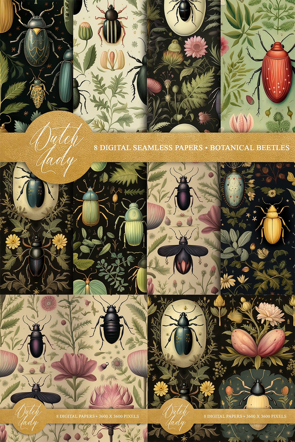 Botanical Beetles Dark Academia Seamless Patterns