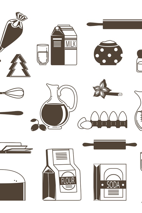 Food ingredients for baking and cooking. Monochrome vector i
