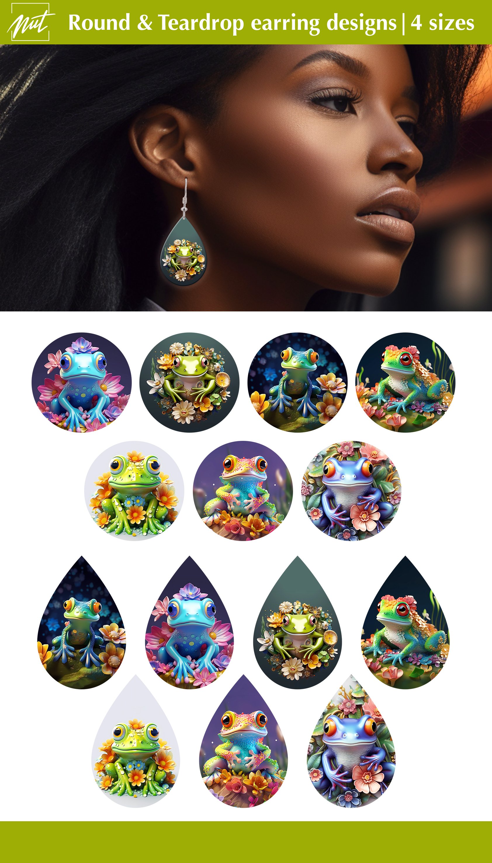 3D frog earrings, round earring & teardrop earring designs