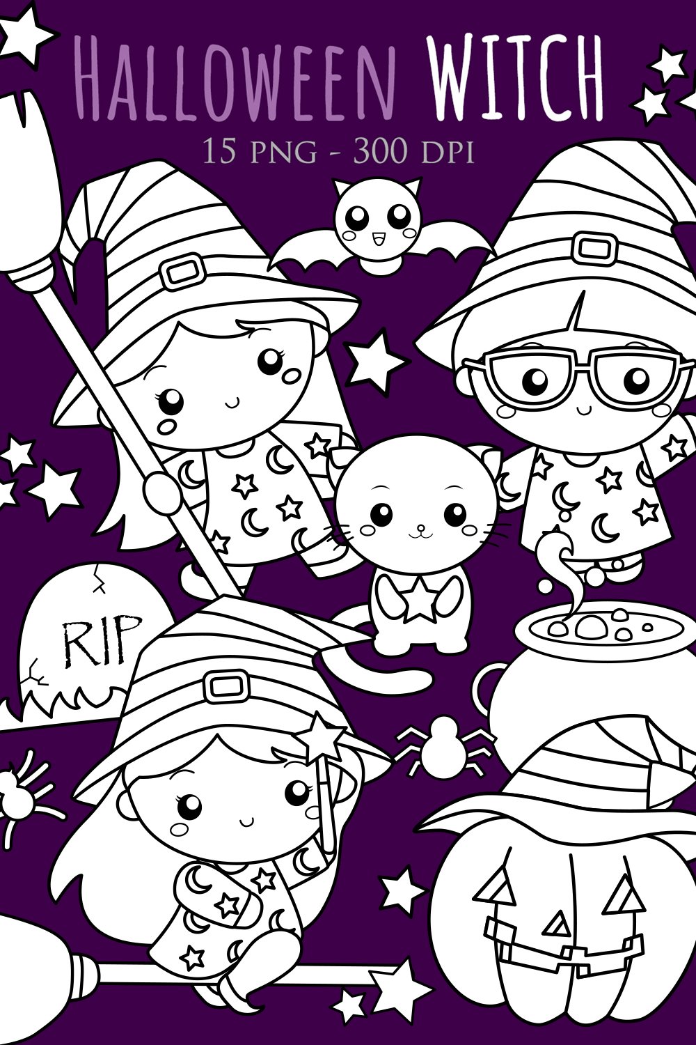 Halloween Witch Kids Costume Cartoon Digital Stamp Outline