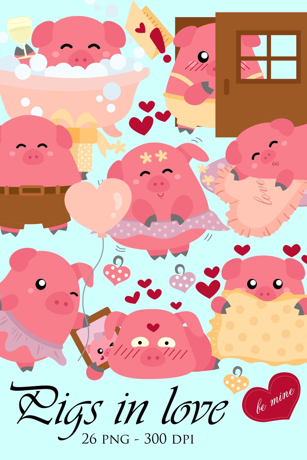 Cute Pink Pig In Love Valentine Day Illustration Clipart