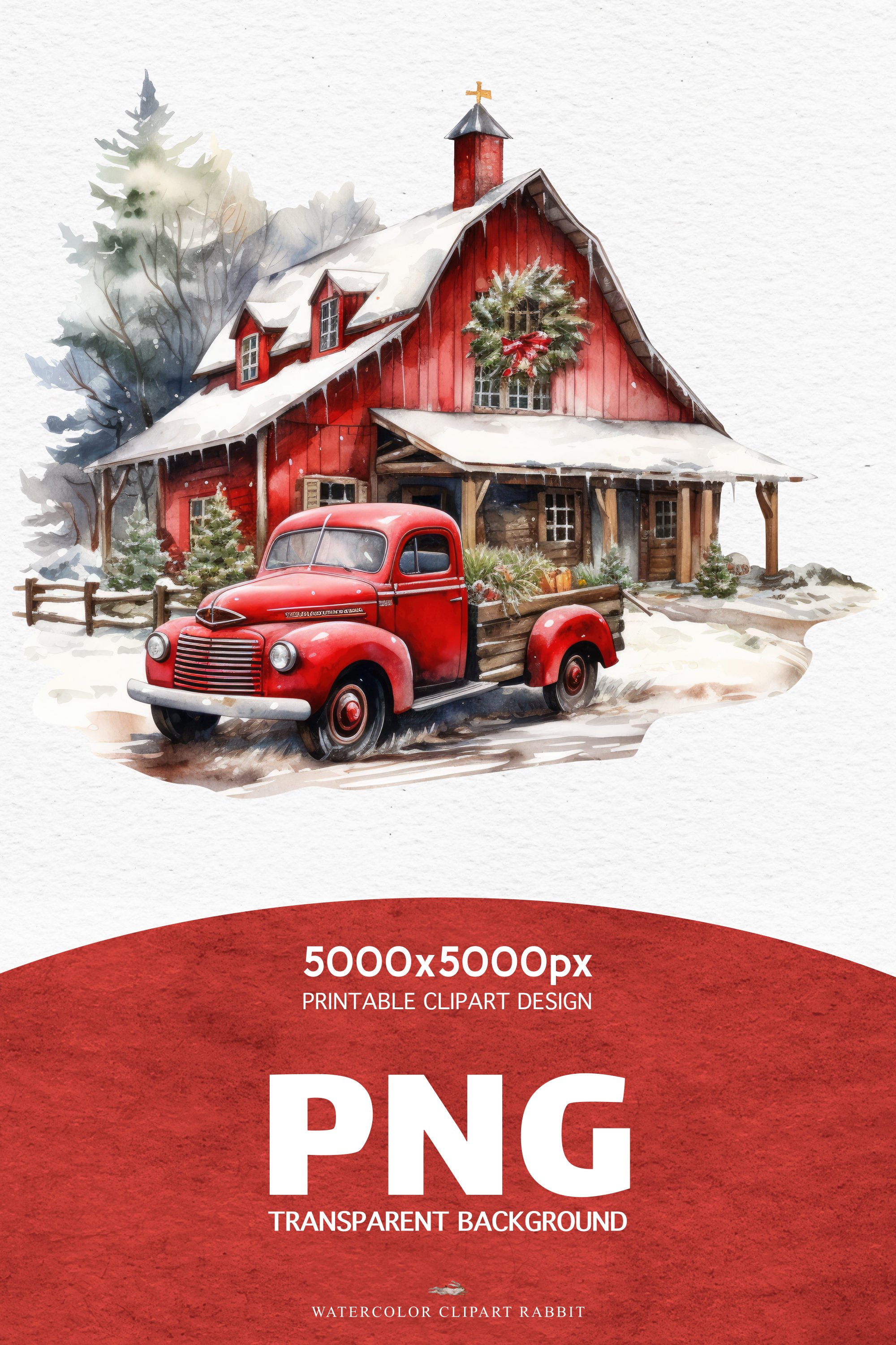Red Christmas Truck Santa Winter Farm Barn Clipart PNG Files