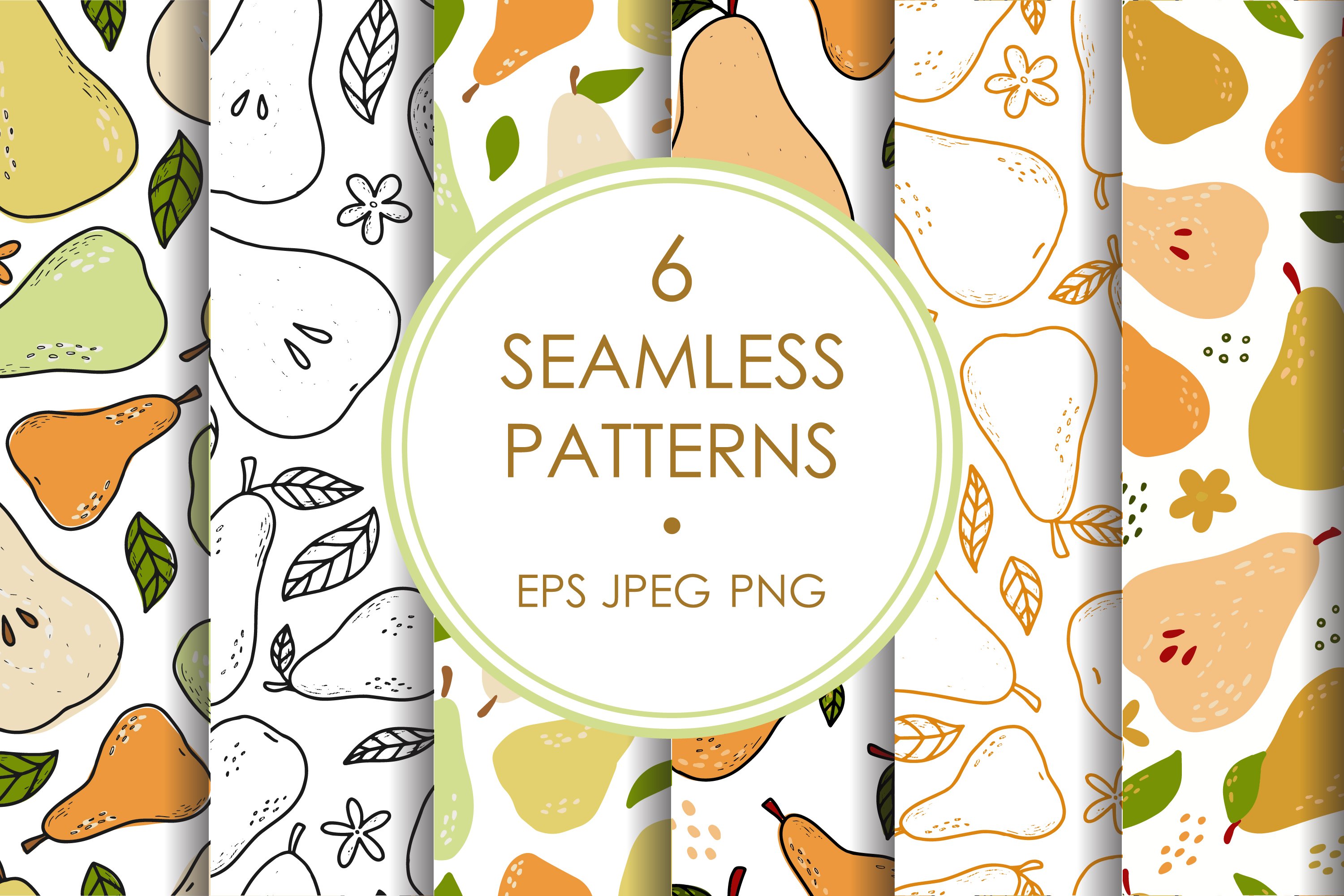 6 SEAMLESS PATTERNS WITH PEARS. EPS / PNG / JPG