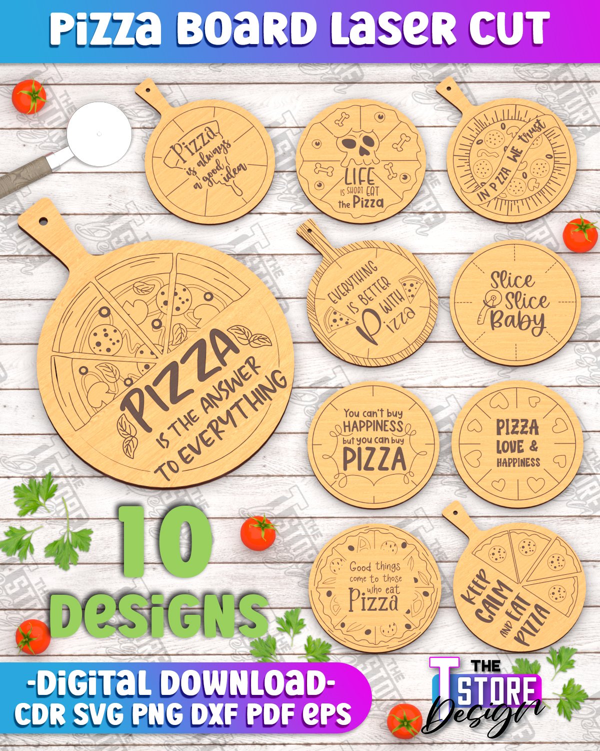 Pizza Board Laser Cut Bundle, Wooden Round Cutting Board SVG