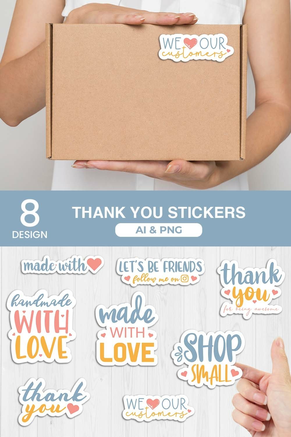 8 Thank You Stickers, made with love, Packaging stickers