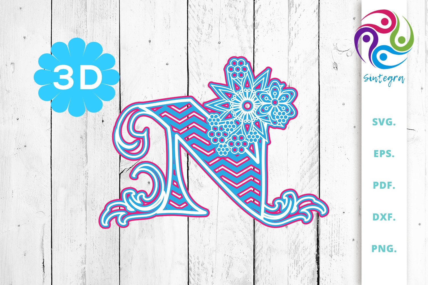 3D Multilayer Floral Chevron Letter N , SVG Cut File