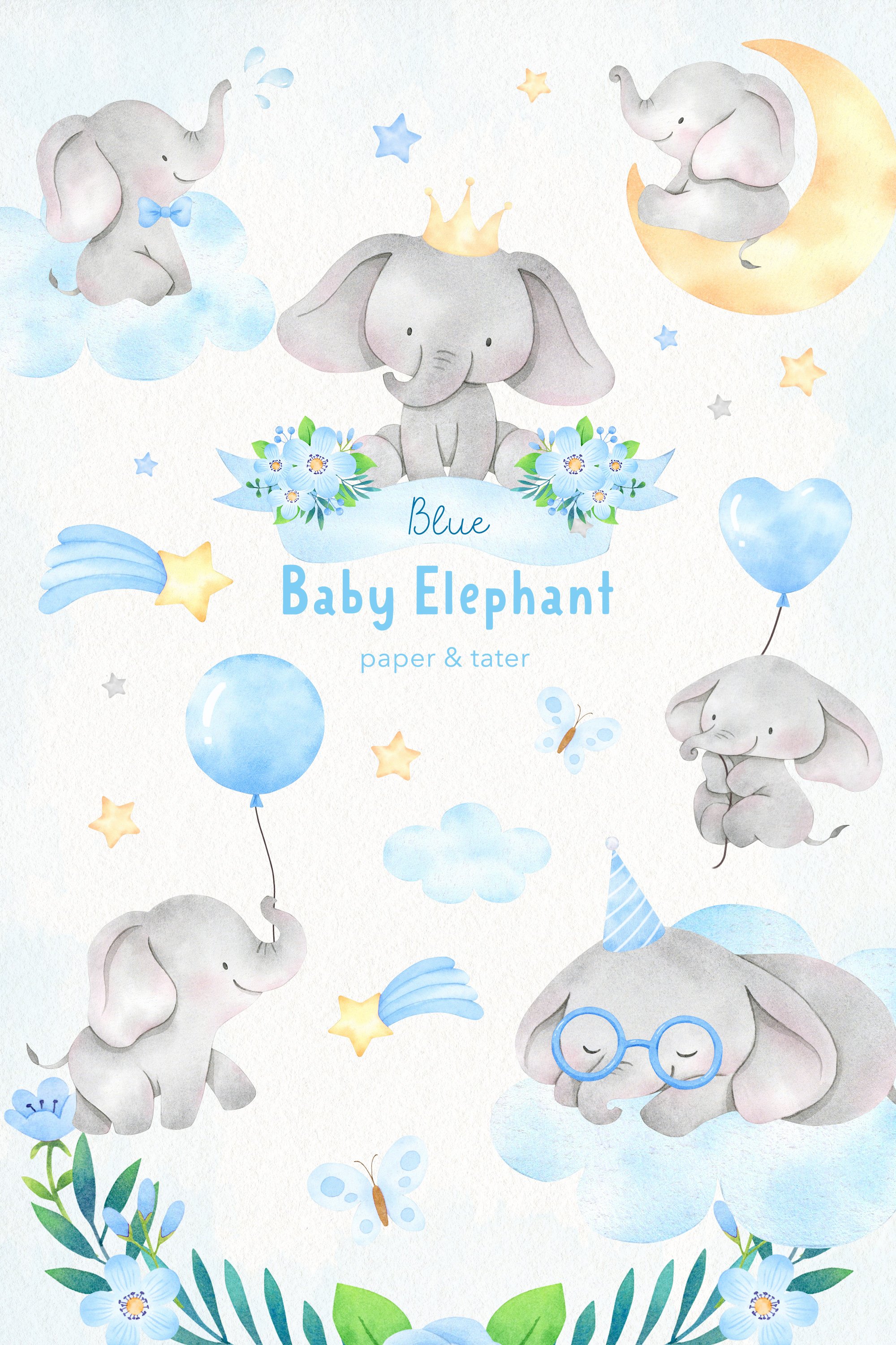 Watercolor Blue Baby Elephants Clipart, Nursery PNG Graphics