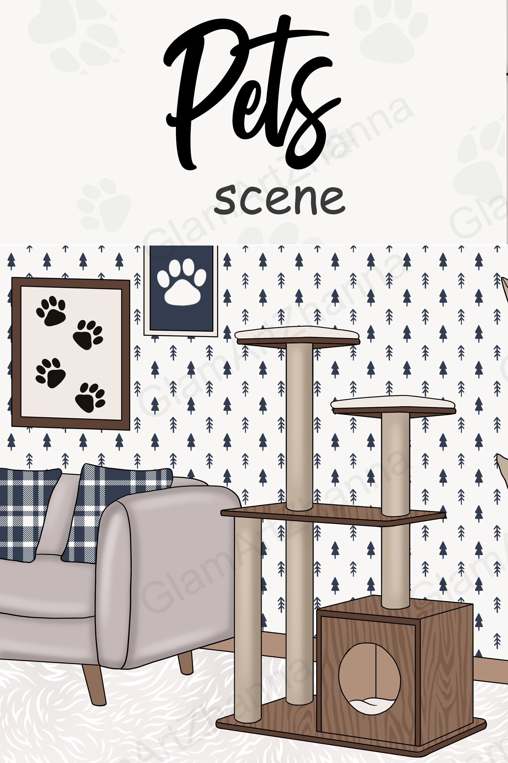 Pets SCENE Cat Dog Animal Puppies Digital Stickers PNG files