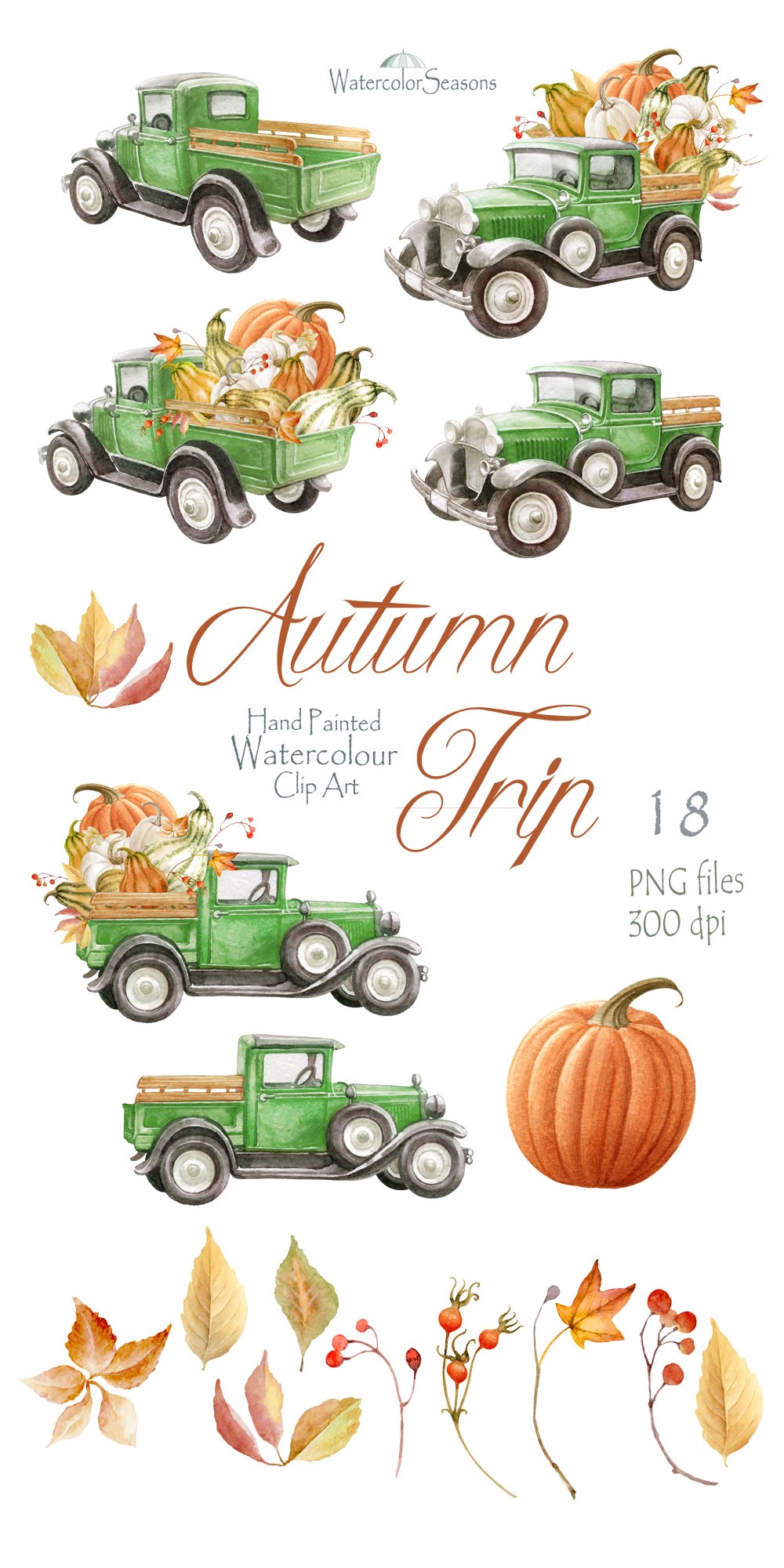 Green Truck with Pumpkins clipart, Vintage Retro Car, PNG