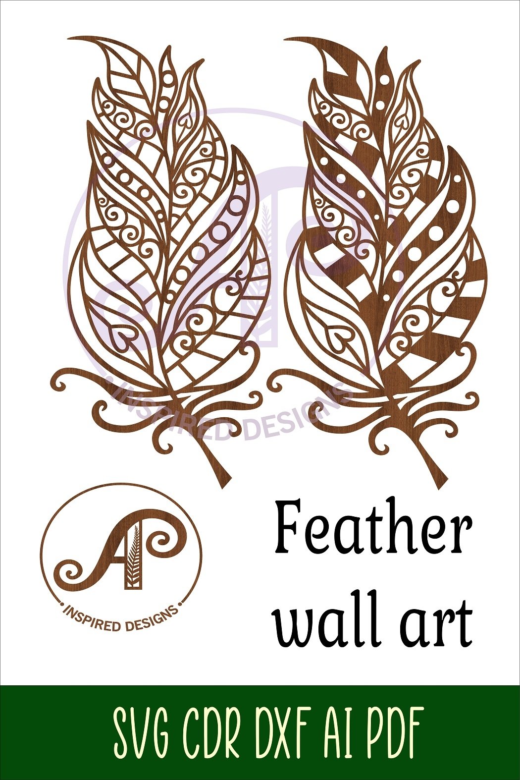 Feather with swirls wall art, two designs SVG file