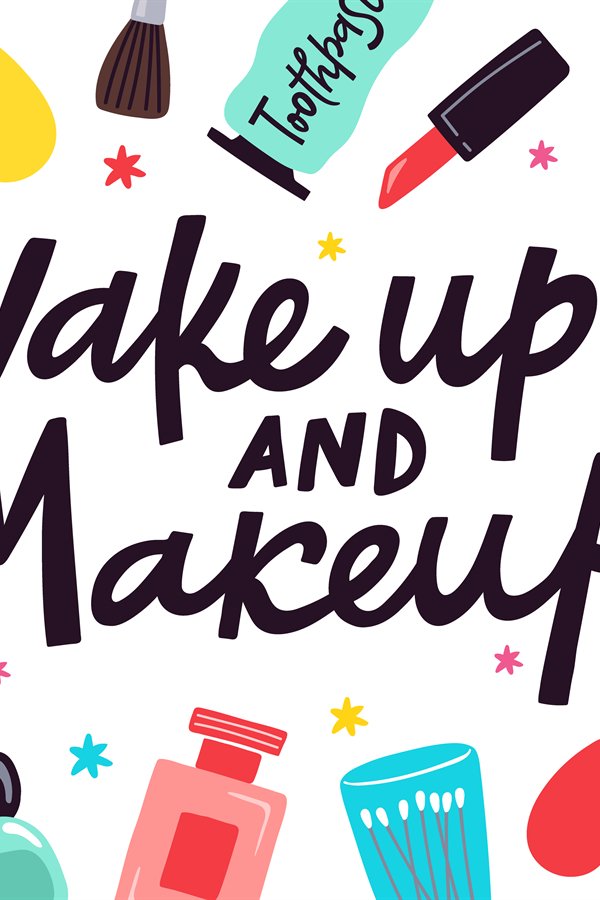 Makeup poster. Skincare cosmetic products, hand drawn doodle