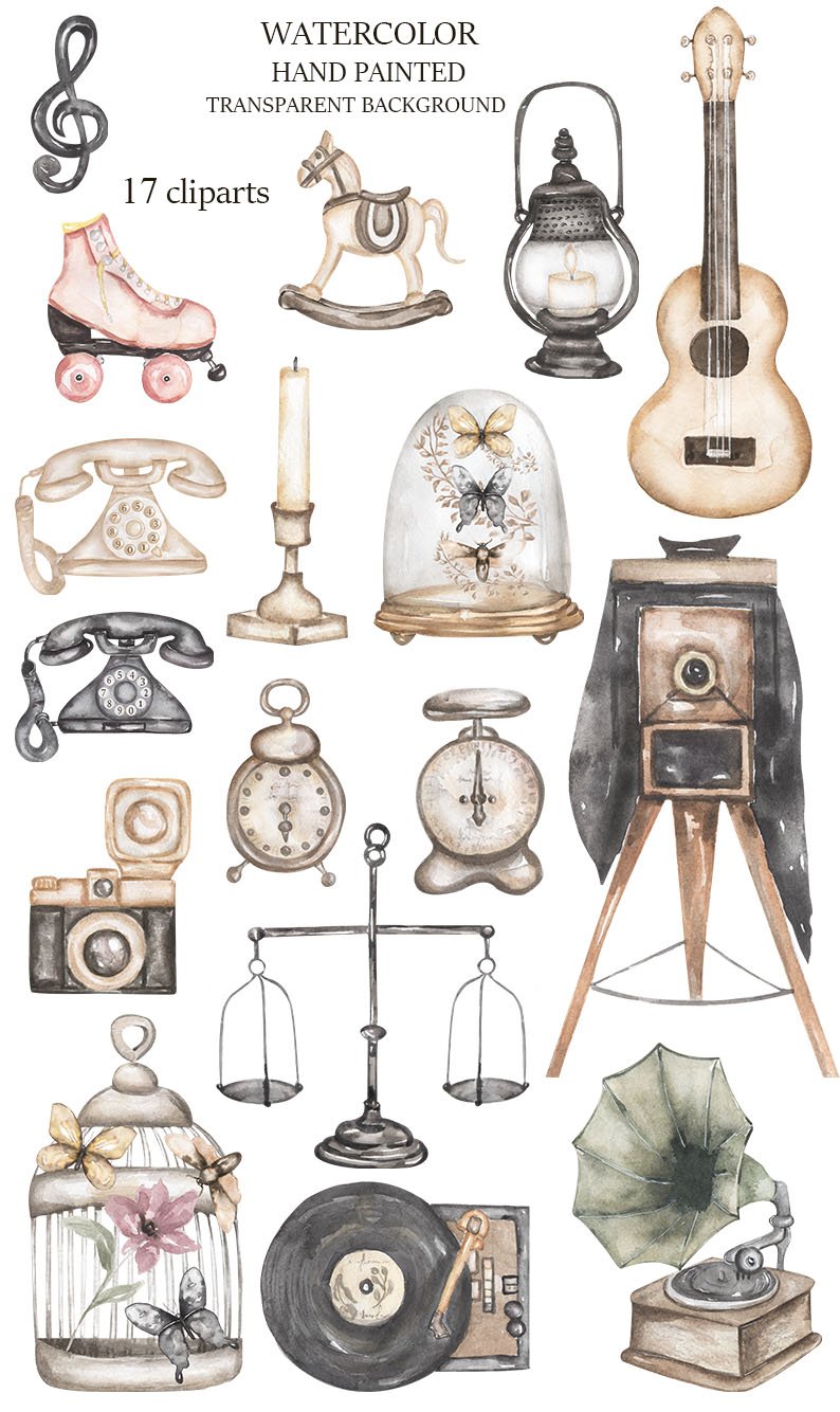 Watercolor Vintage Clipart Bundle