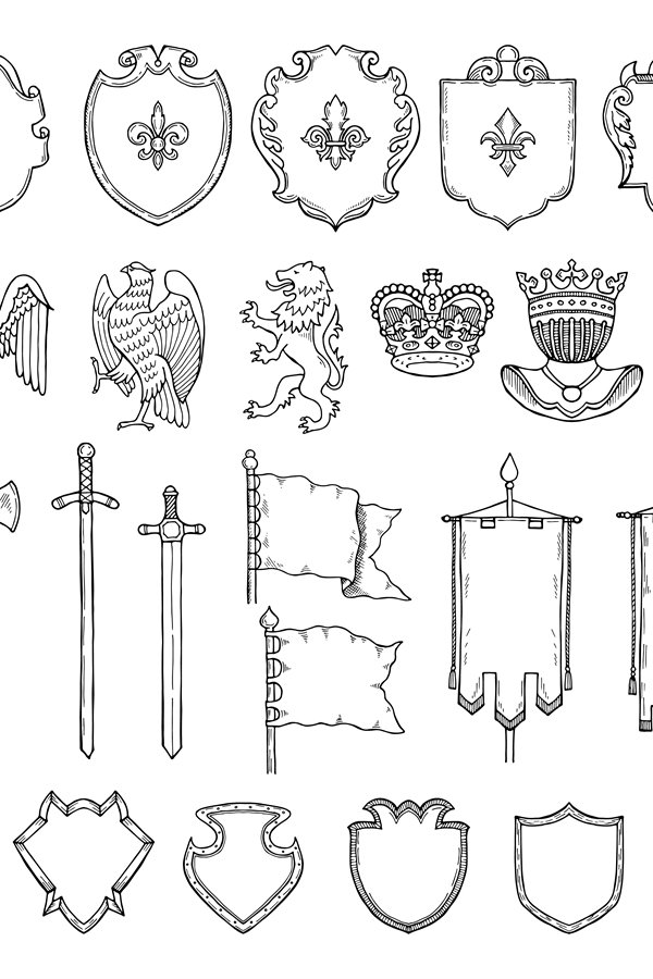 Medieval heraldic symbols isolate on white. Vector hand draw
