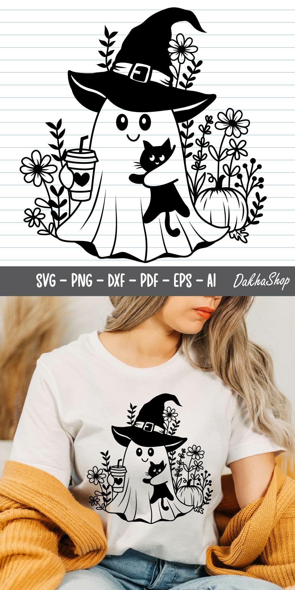 Cute Ghost Pumpkin Flower Fall Svg Halloween Cat Svg