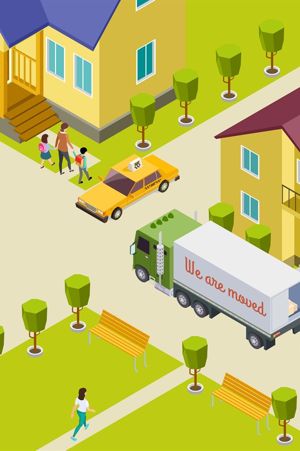 Moving isometric vector illustration. Neighborhood in a smal