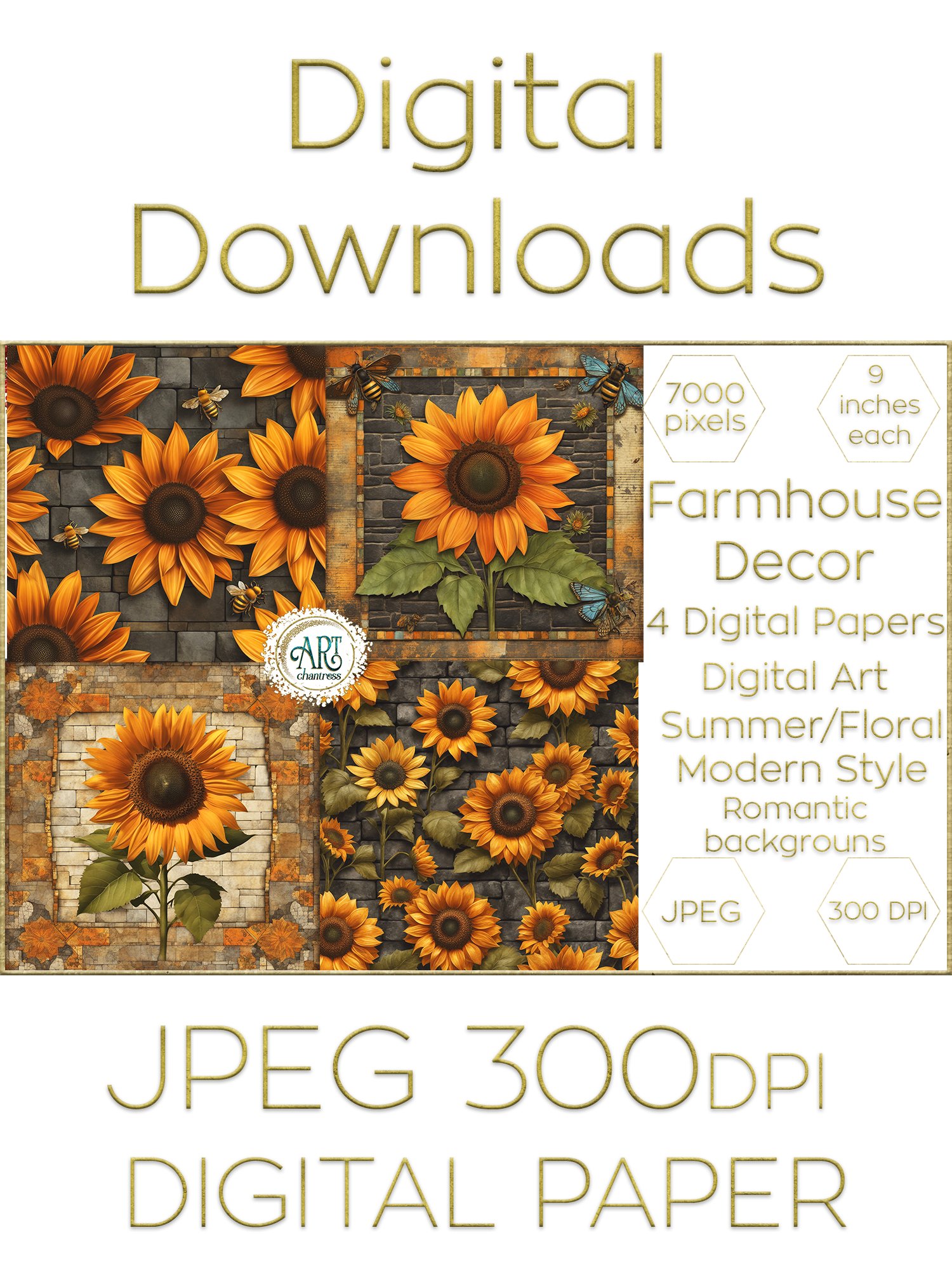 Watercolor Vintage Sunflower Digital Paper (3563344)