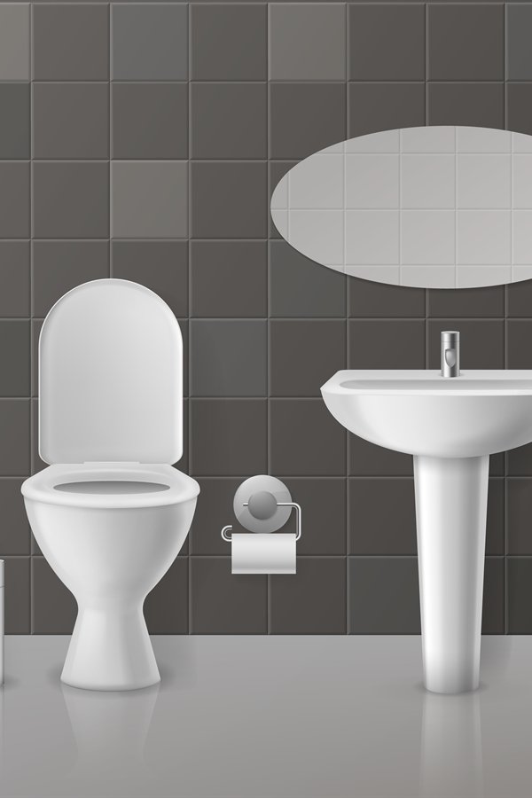 Realistic toilet interior. White toilets mockup and ceramics