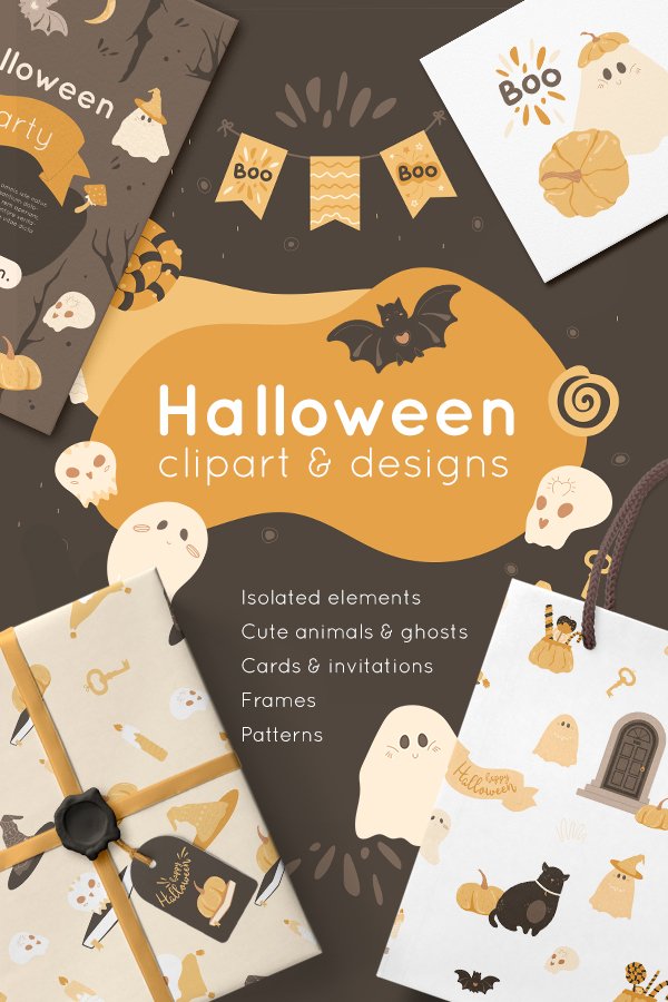 Halloween cute clipart, patterns, invitation template, print