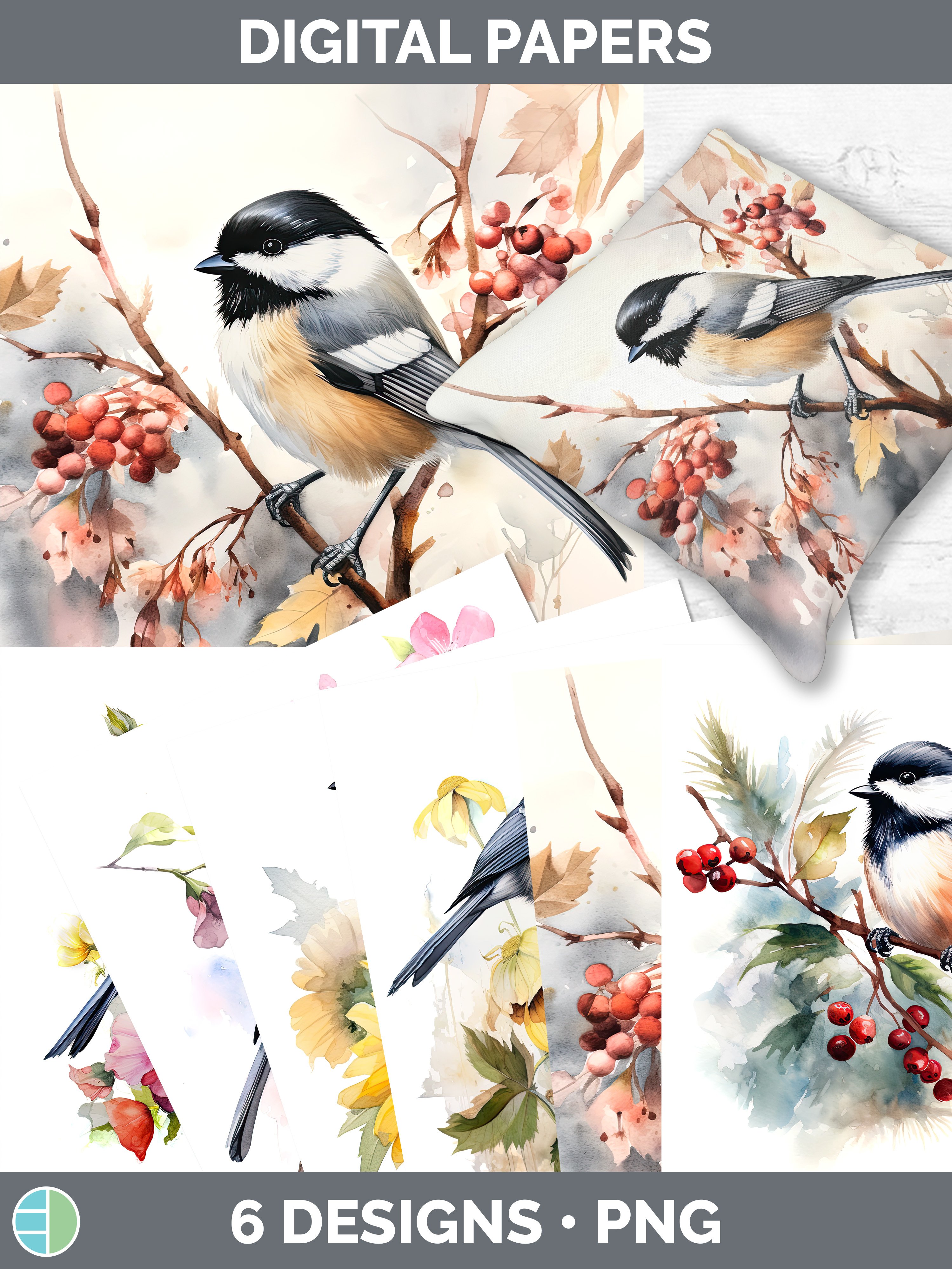 Pretty Chickadee Bird Paper Backgrounds | Bundle Digital Scr