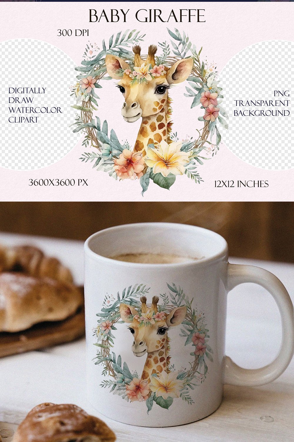 Watercolor Baby Giraffe in a Wreath Clipart PNG, (2485734)