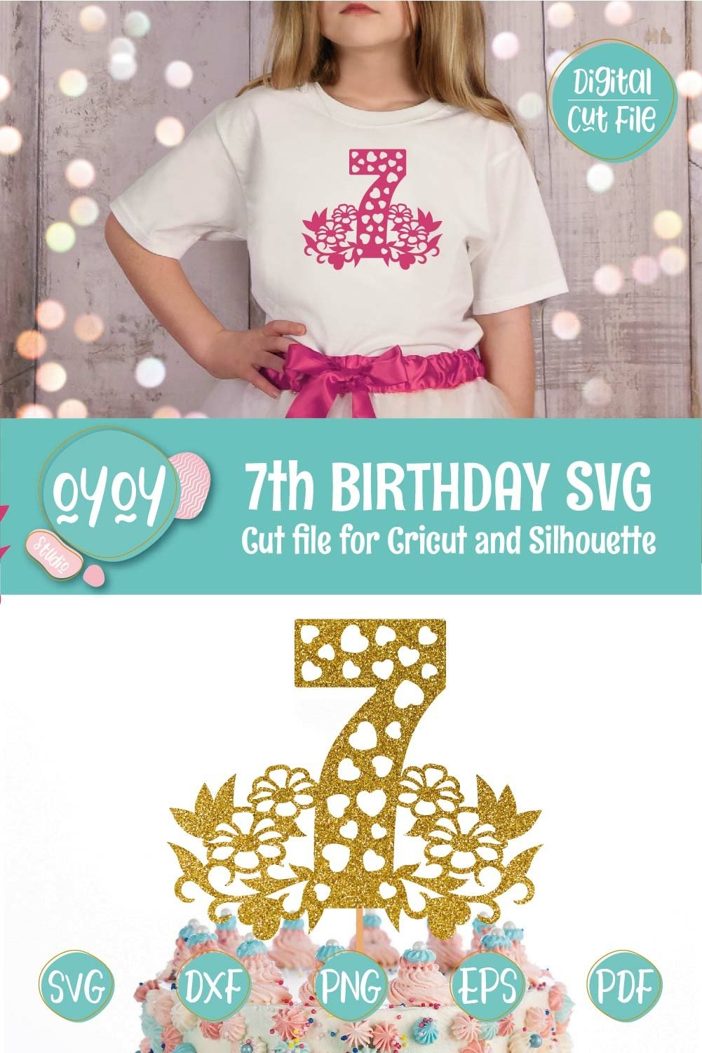 7th Birthday Cake Topper SVG with Flowers and Hearts