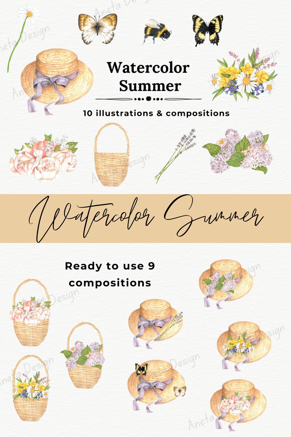Watercolor Summer, Watercolor Flowers PNG, Picnic Clipart