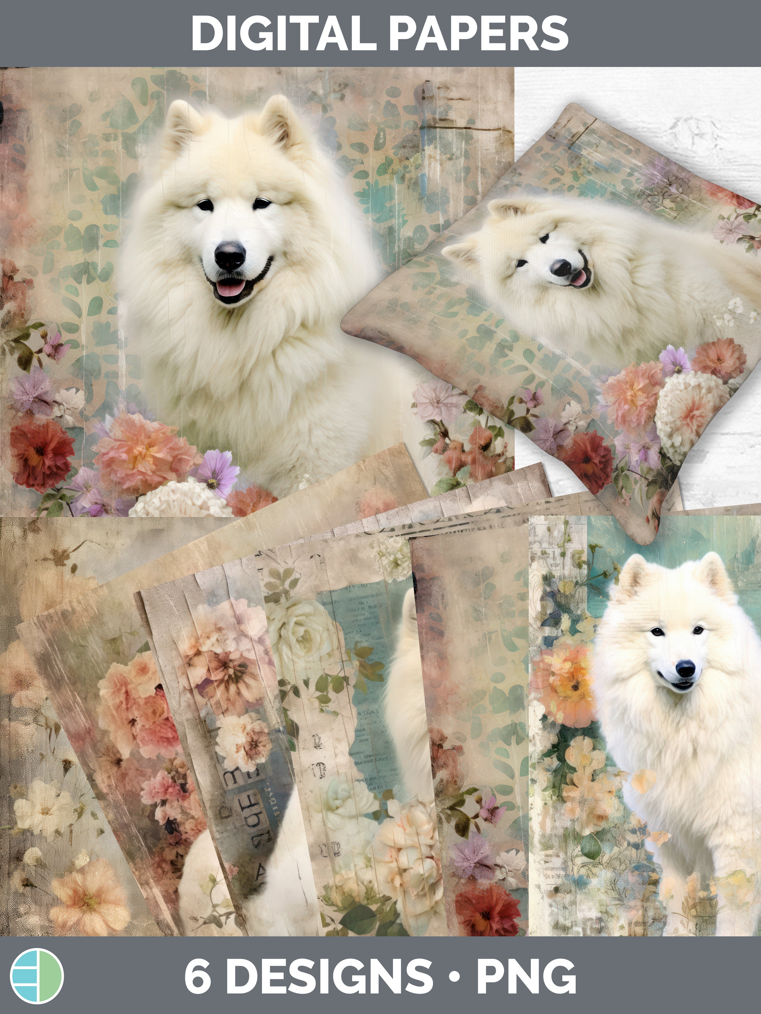 Vintage Samoyed Dog Paper Backgrounds | Digital Scrapbook Pa