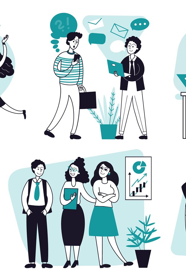 Office scenes. Business people characters, outline woman pre