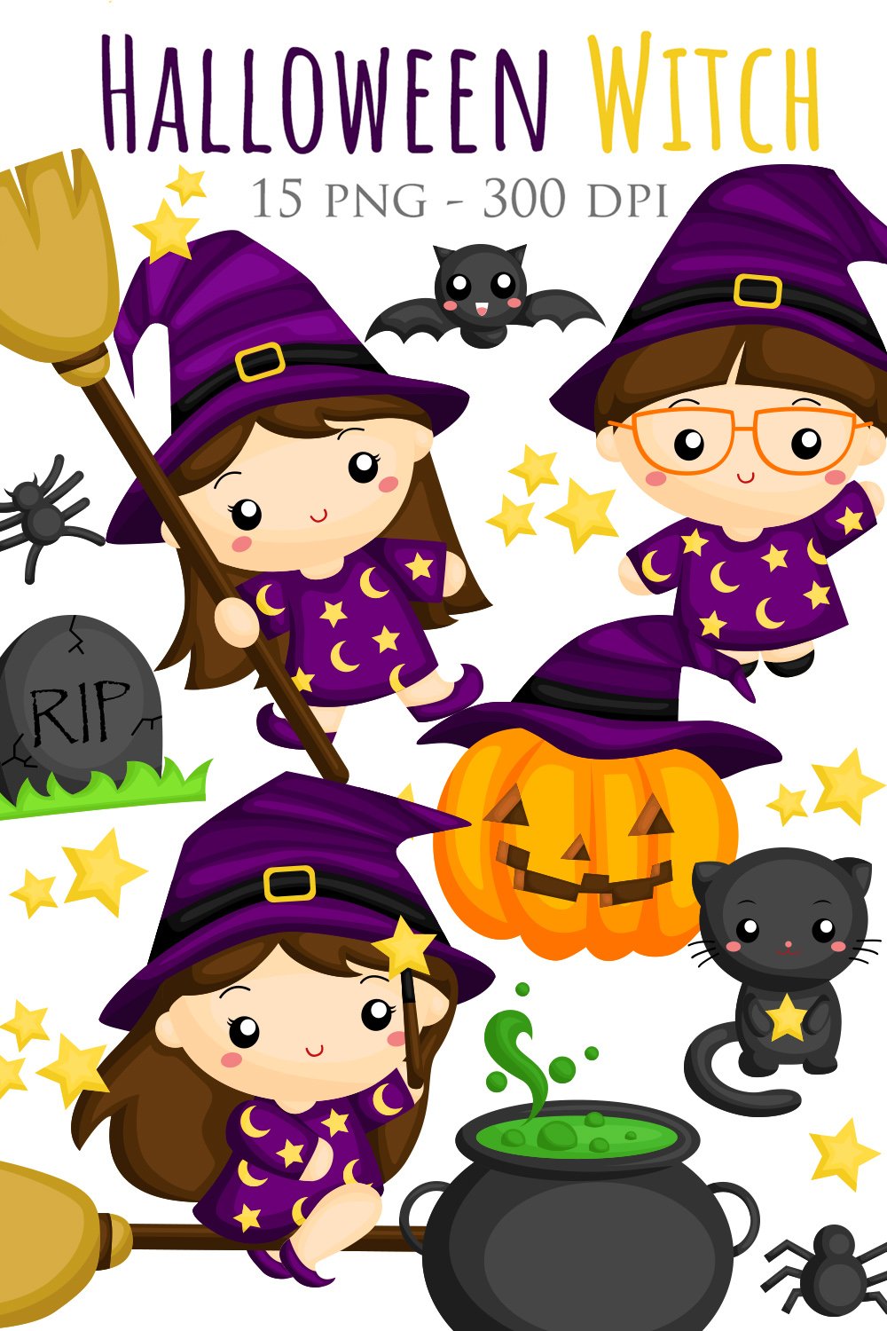 Halloween Witch Costume Kids Party Cartoon Clipart Sticker