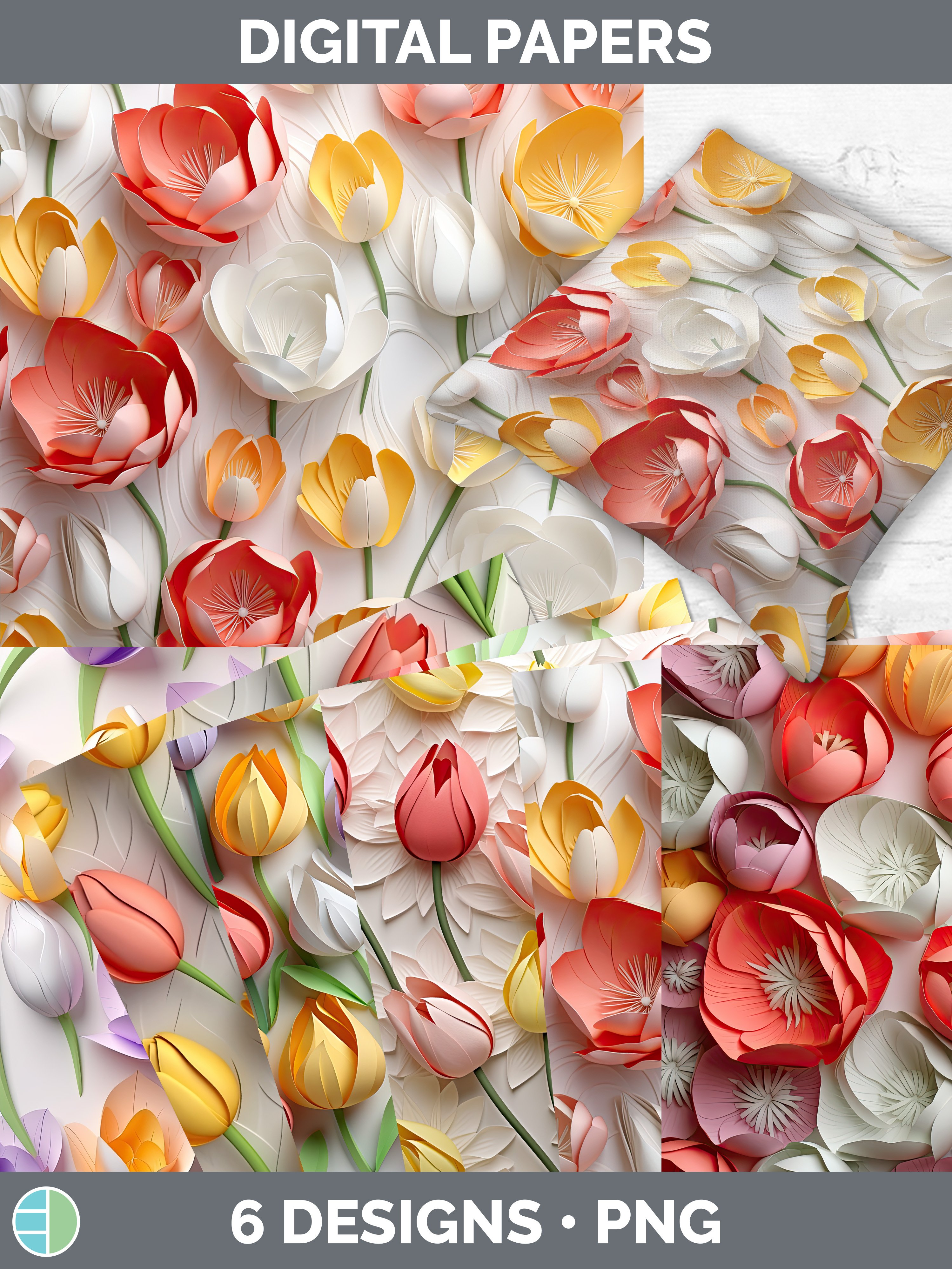 3D Paper Tulip Flowers Paper Backgrounds | Bundle Digital Sc